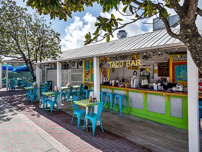 Taco paradise found: Vibrant turquoise chairs and lime-green accents create the kind of casual beachside dining spot that vacation memories are built around.