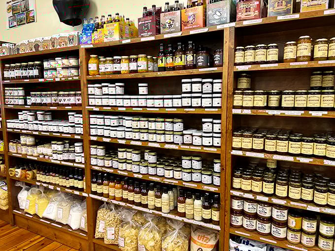 Shelves lined with jams, jellies, and sauces—the supporting actors that turn ordinary meals into memorable performances.