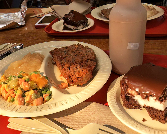 The meatloaf dinner that time forgot—in the best possible way. Paired with chocolate cake that's worth every calorie-counting minute on the treadmill.