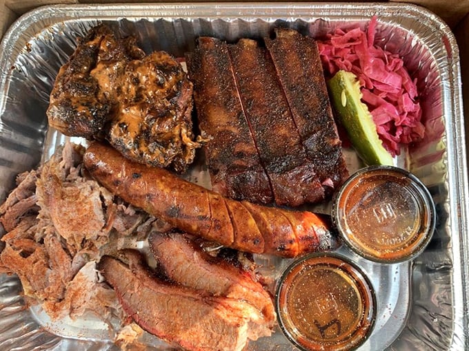 "The Meat Sweats" in its full glory—a carnivore's dream team assembled on one tray with pickled accents providing the perfect counterpoint.