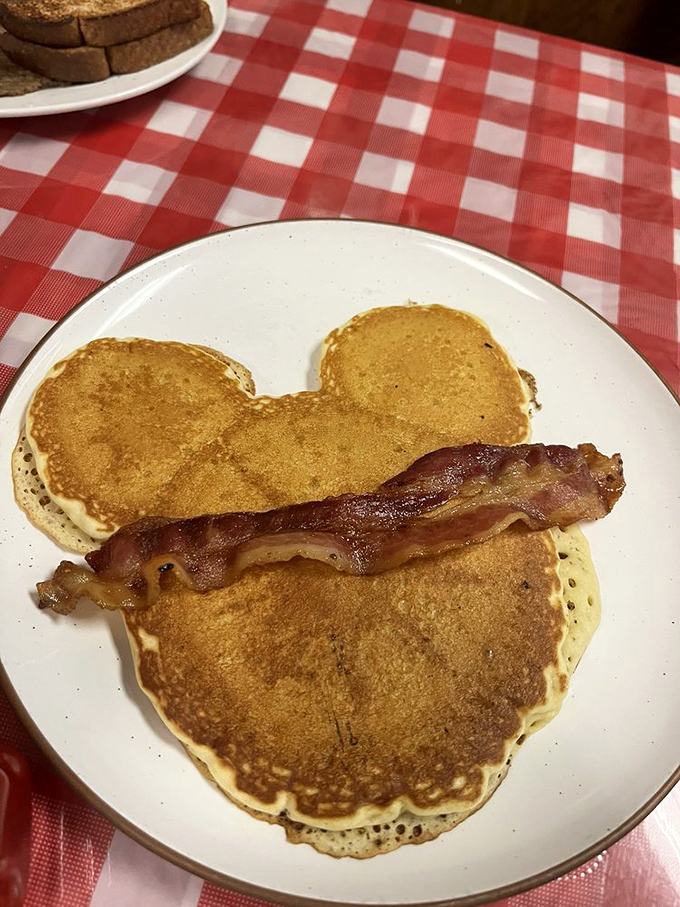 Mickey would be proud of these pancakes—proving that sometimes the happiest meals on earth are found in small-town diners, not theme parks.