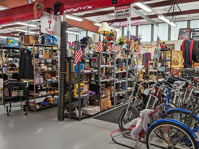 The "Mystery Shop" lives up to its name – bicycles, flags, and curiosities coexist in beautiful retail chaos that would make Marie Kondo weep.