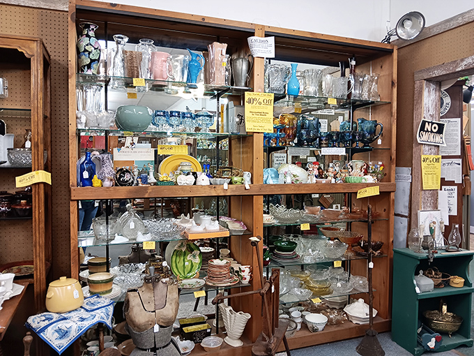 Crystal and glass treasures catch the light and imagination alike—each shelf a museum-worthy display of American craftsmanship through the decades.