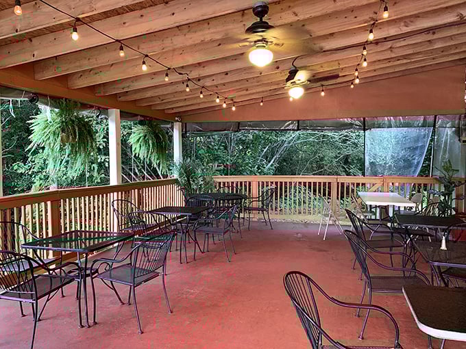 The covered patio offers al fresco dining with string lights overhead—casual magic for those perfect North Carolina evenings.