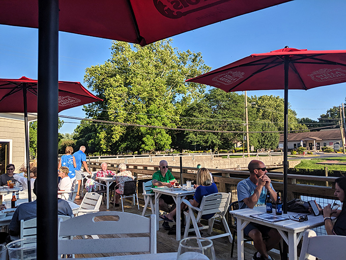 Outdoor dining at Abbott's offers creek views and people-watching—nature's entertainment paired perfectly with whatever's on your plate. 