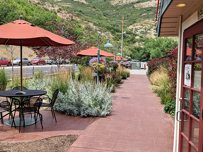 The patio pathway, lined with desert-hardy plants, leads you to a dining paradise where canyon breezes enhance every bite.