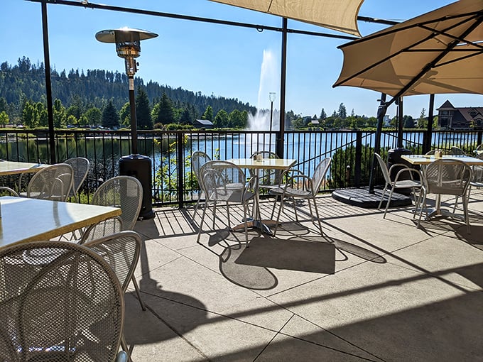 The outdoor patio offers front-row seats to Lake Coeur d'Alene's natural beauty—dining with a side of mountain air and water views that no interior designer could replicate.