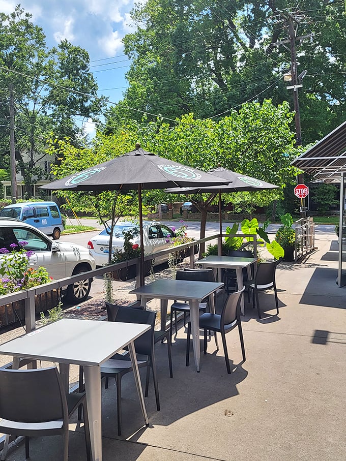 The outdoor seating area offers urban tranquility—a perfect spot to savor seafood while watching Lexington life unfold.