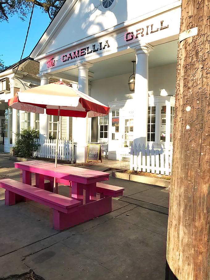 The pink picnic table says it all—casual, cheerful, and ready for you to bring your appetite to the outdoor party.