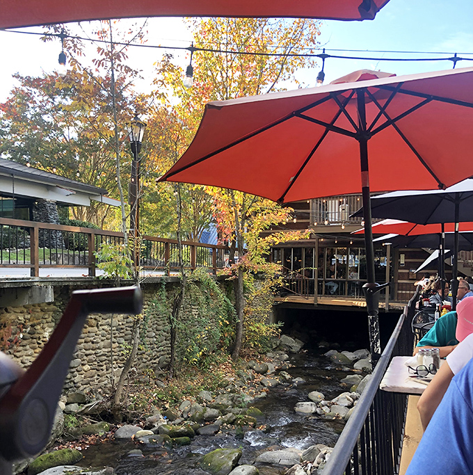 Nature provides the soundtrack at this creekside patio. Fall foliage and flowing water—the perfect digestif after a hearty meal.