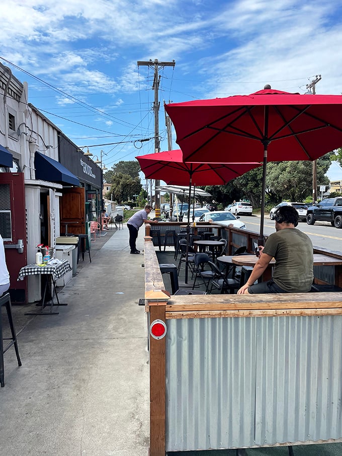 The outdoor seating area offers fresh air with your fresh burger. California sunshine and a Rocky's cheeseburger—some things are worth leaving the couch for.