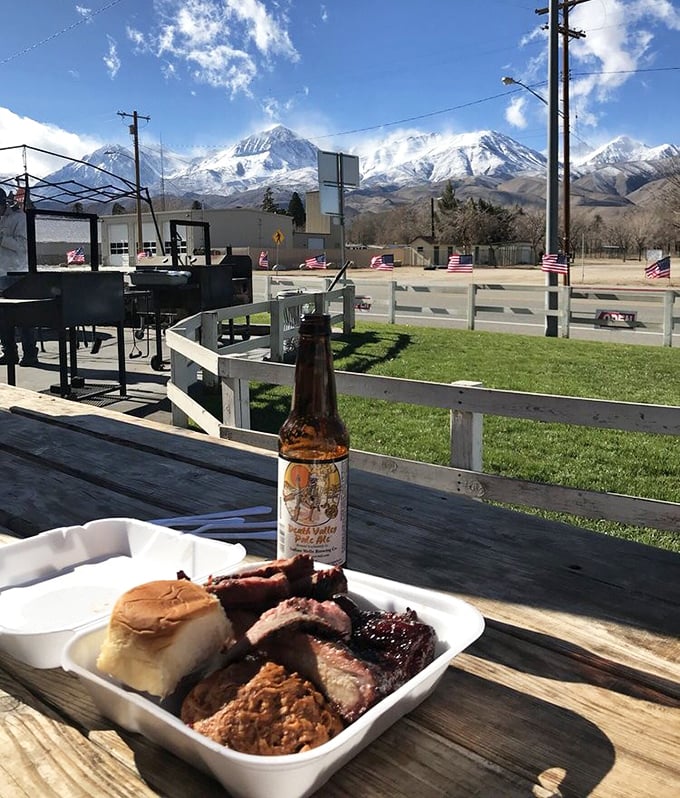 The ultimate dining view: snow-capped Sierras provide the backdrop while your plate provides the foreground for a perfect California moment.