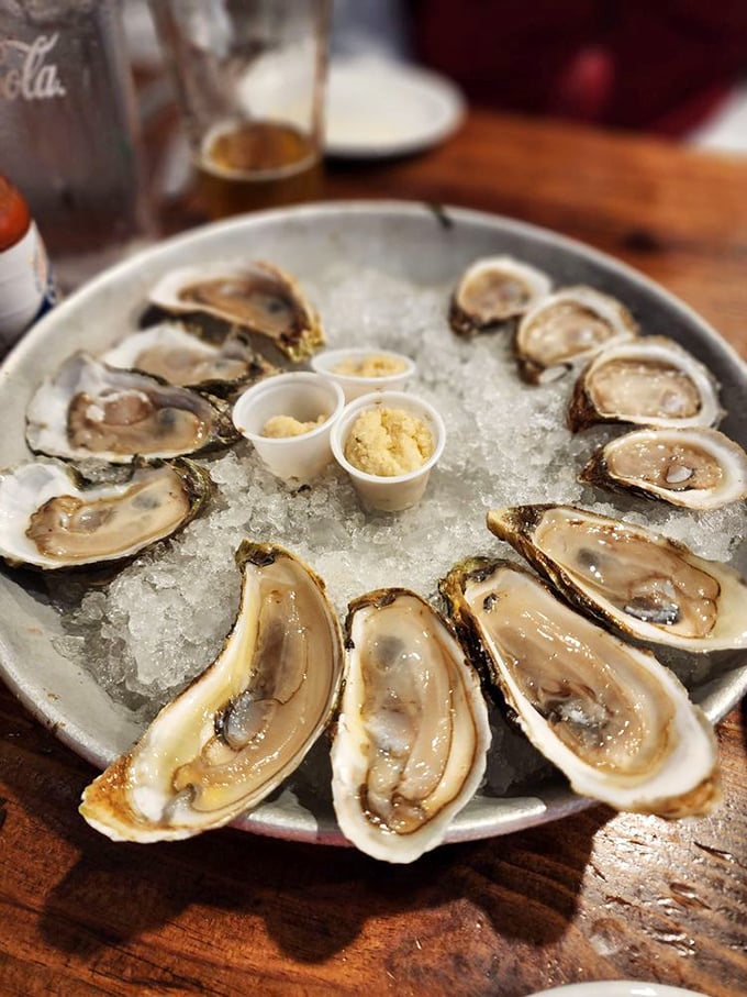 These oysters on the half shell are the ocean's perfect appetizer—briny, fresh, and served with just enough accompaniments to enhance, not mask.