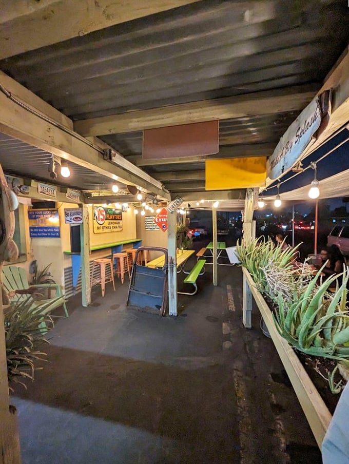 The patio at night transforms into an oasis of string lights and desert breezes – dinner and a light show.