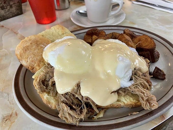 The Benedict that breaks the rules and wins the game. Pulled pork and hollandaise create a breakfast alliance that feels both rebellious and right.
