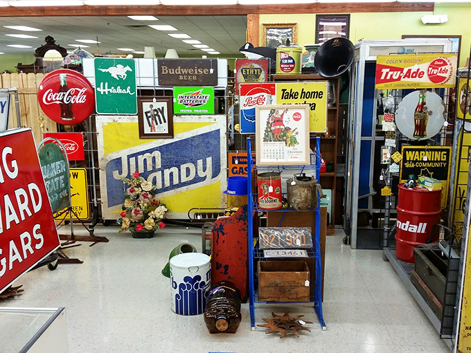Vintage advertising paradise! From Coca-Cola to Jim Dandy, these signs recall an era when logos were art and slogans were poetry.
