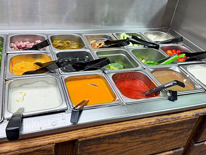 The fixings bar offers a rainbow of toppings and sauces—because in the South, customization is practically a constitutional right.