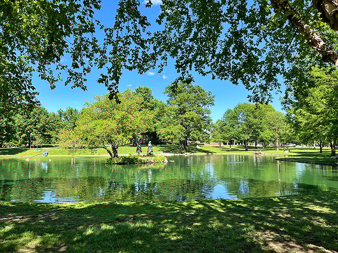 Nature's mirror effect doubles the beauty at Schiller Park. This urban oasis proves that sometimes the best city views include absolutely no buildings at all.