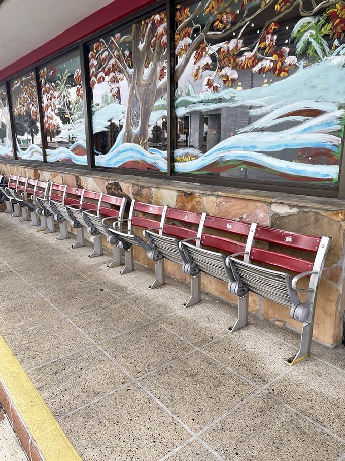 Winter wonderland artwork and stadium seating outside—Florida's version of a snow day, with the bonus of breakfast waiting inside.