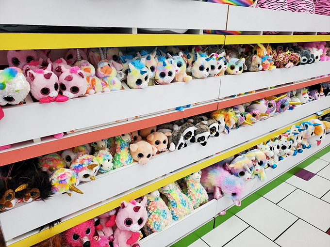 The stuffed animal section – where parents negotiate the sugar-for-plushie treaty with sugar-high negotiators.