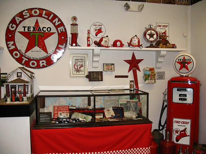 The Texaco memorabilia wall isn't random decoration—it's a carefully curated shrine to when gas stations were landmarks, not just pit stops.