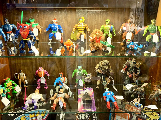 Action figures frozen in plastic time—childhood heroes waiting to be rescued by nostalgic Gen-Xers with disposable income and shelf space.