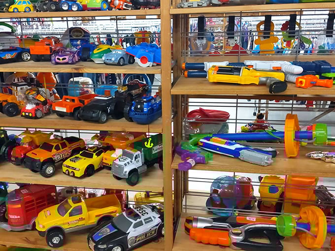 Toy shelves where childhood dreams get a second chance. Those Hot Wheels have probably raced across more living room floors than actual NASCAR drivers.