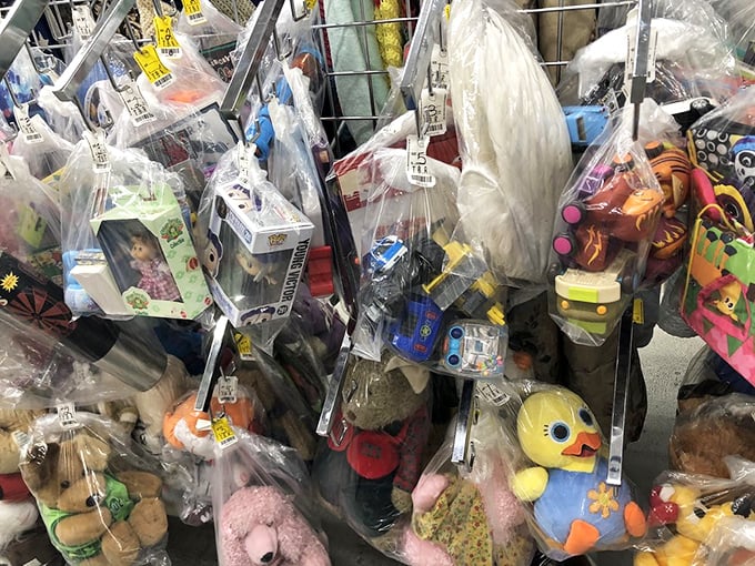 Bagged treasures waiting for new homes – one child's outgrown toy becomes another's cherished companion.