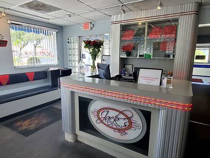 The host stand welcomes you with chrome accents and retro styling – your first hint that you've stepped into a place where breakfast dreams come true.