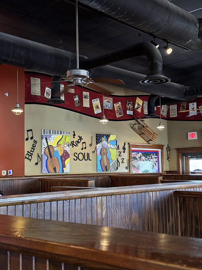 The walls tell stories of blues, rock, and soul—a visual soundtrack that enhances every bite with Mississippi heritage.