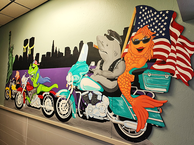 Wall art that captures Florida's playful spirit—where sharks, shrimp, and motorcycles coexist in perfect harmony. Only in the Sunshine State.