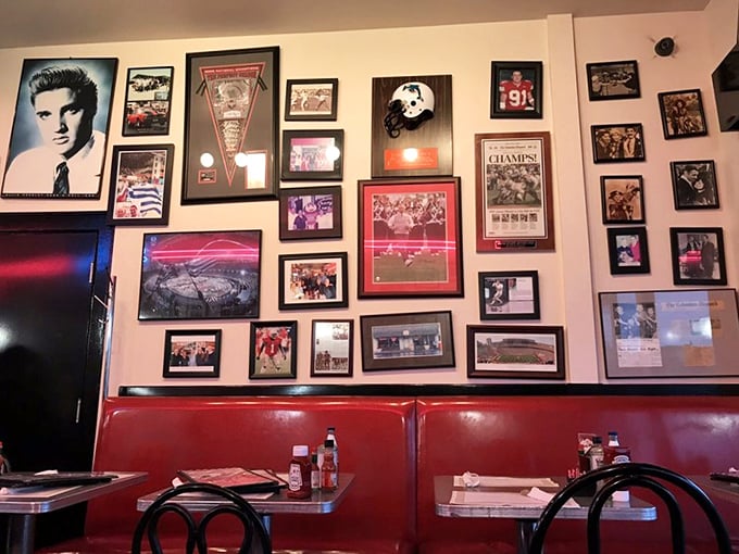 The wall of fame and memorabilia isn't just decoration – it's a visual history of Columbus culture, sports victories, and diner memories.