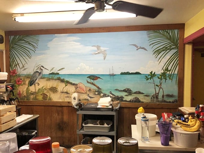 The hand-painted mural brings the outside in – a slice of Keys paradise complete with herons and palm trees to enjoy while you devour your breakfast.