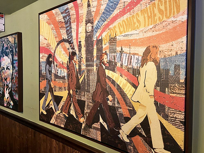 Even the wall art has personality—The Beatles crossing Abbey Road looking cooler than anyone has a right to be.