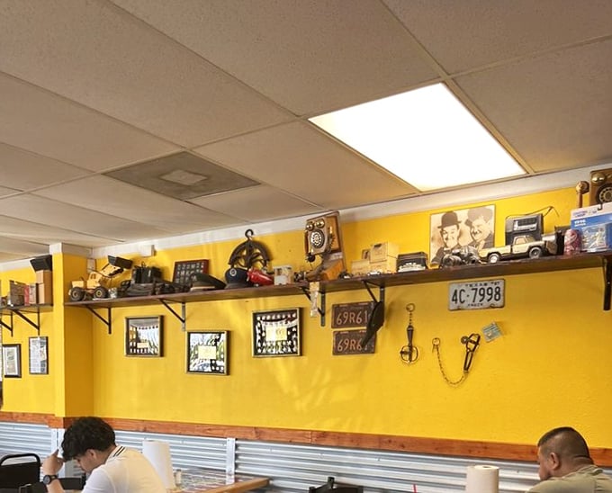 The wall decor tells stories of Mexico while you create memories of your own. License plates and memorabilia – the unofficial museum of taco appreciation.
