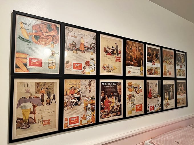 Vintage Miller advertisements line the wall, serving as both decoration and a playful nod to the restaurant's namesake.