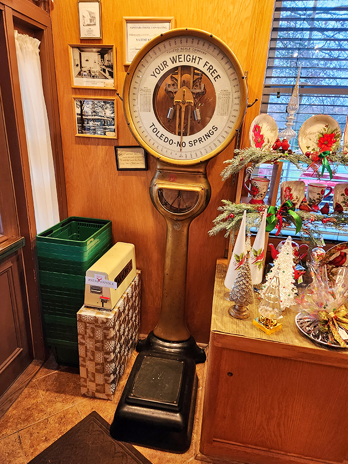 This vintage scale doesn't just weigh candy – it measures joy by the pound in a building where calories simply don't count.