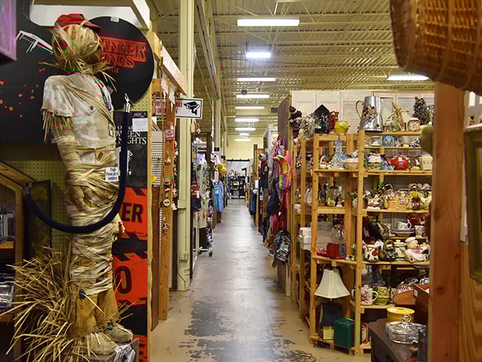 The Halloween section stays spooky year-round. That mummy figure isn't just decoration—he's patiently waiting for someone to appreciate vintage horror.