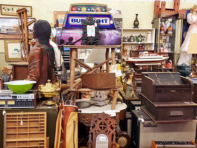 From cigar store Indians to vintage electronics—this booth is where the 1950s crashed into the 1980s and left everything behind.