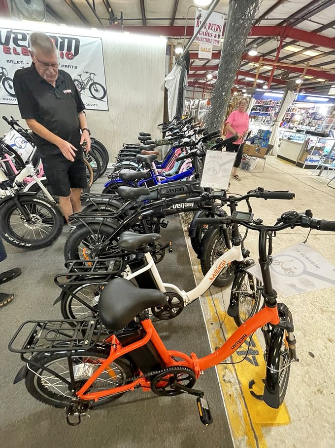 Modern mobility meets old-school retail—these electric bikes represent the market's surprising diversity, where yesterday's treasures sit alongside tomorrow's transportation.