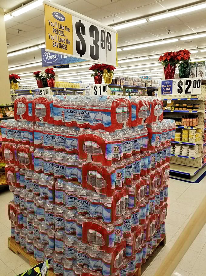 Bottled water and holiday poinsettias: the unexpected retail pairing you never knew you needed. Hydration meets festive decoration in aisle seven!
