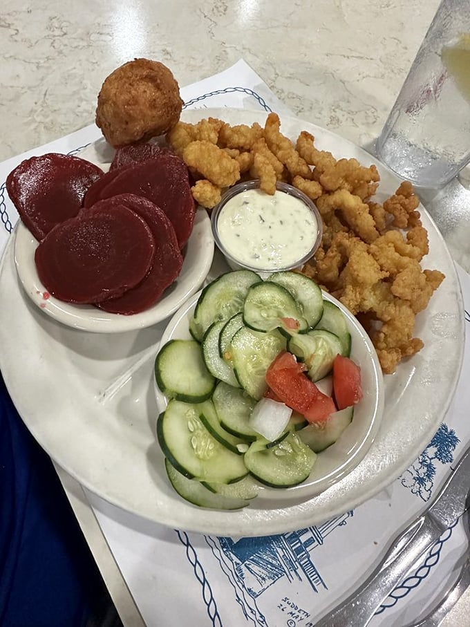 A plate that celebrates the humble cucumber and the mighty clam strip in equal measure—a democracy of deliciousness.