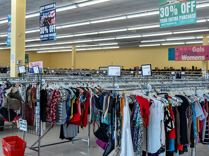 Clothing racks stretch toward the horizon like fashion farmland, ready to be harvested by savvy shoppers seeking style on a budget.
