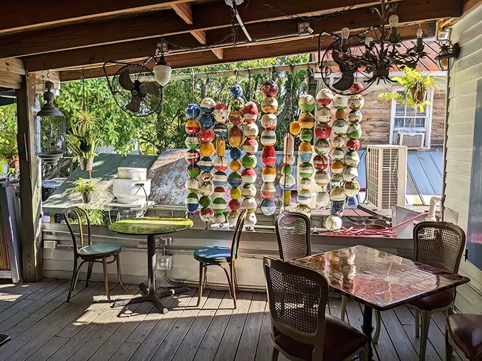 Colorful buoys transformed into hanging art—because in Key West, even the decorations have stories of adventures at sea.