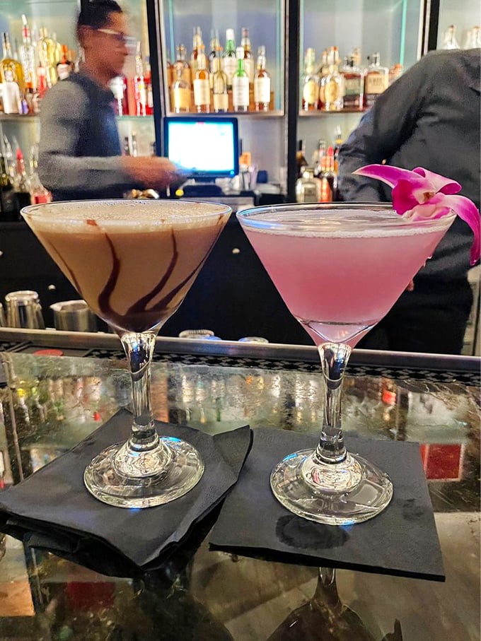Cocktails that double as visual entertainment—one chocolate-kissed, one pink and floral-topped, both promising evening enhancement.