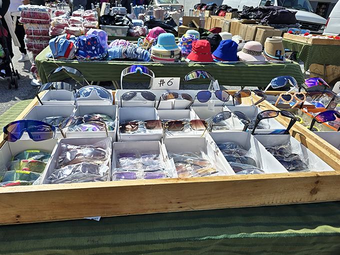 Sunglasses and hats galore—because even bargain hunters need protection from the glare of all these amazing deals.