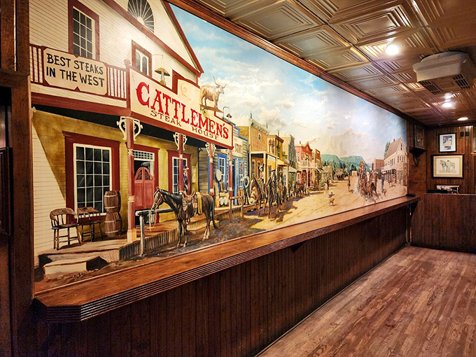 A mural that captures the spirit of old Fort Worth, when cattle was king and Cattlemen's was already serving the cowboys who drove them.