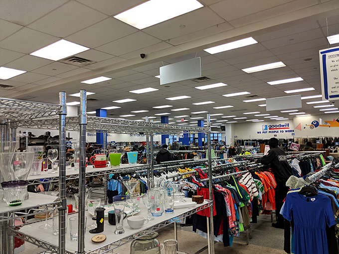 The department store experience without the department store prices—fluorescent lights illuminating paths to unexpected treasures.