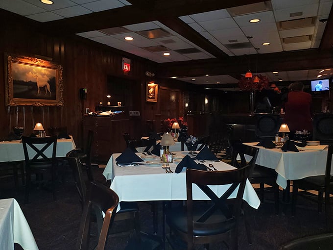 Dark wood and warm lights create the perfect backdrop for beef-induced bliss.