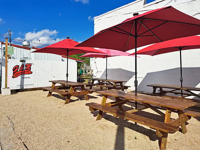 The outdoor seating area—where picnic tables and red umbrellas create the perfect setting for hot dog bliss under Florida skies.